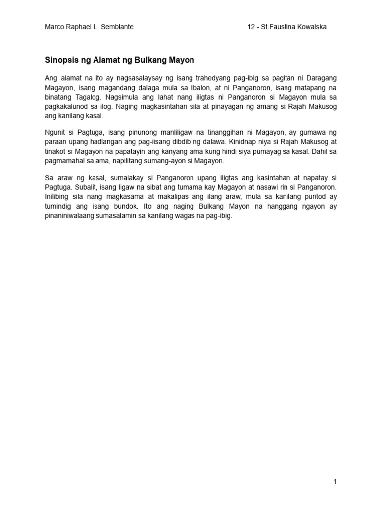 Sinopsis NG Alamat NG Bulkang Mayon | PDF