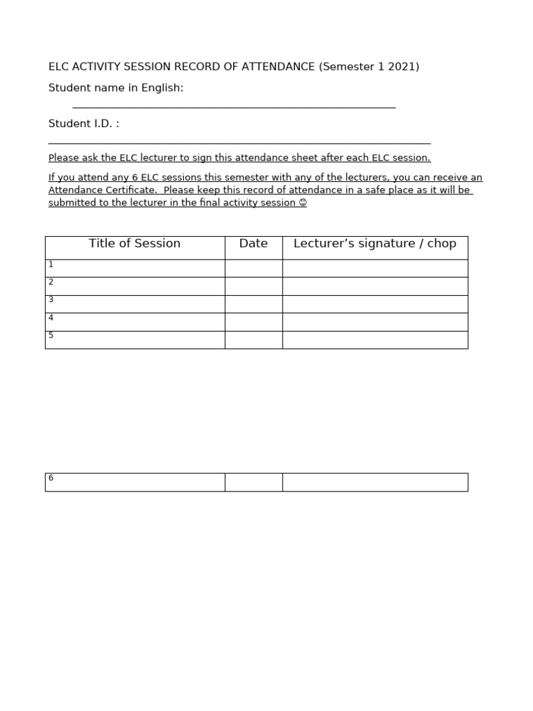 ELC Record of Attendance For Students (To Obtain Lecturers Signature) | PDF