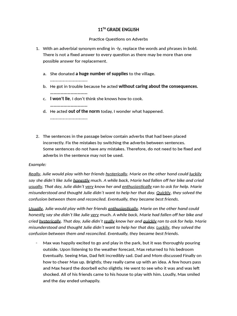 11th Grade Adverbs - Practice Questions | PDF | Adverb | Syntax