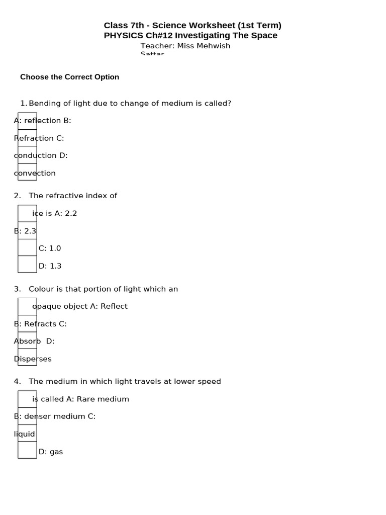 Class7 Science Worksheet Term1 | PDF