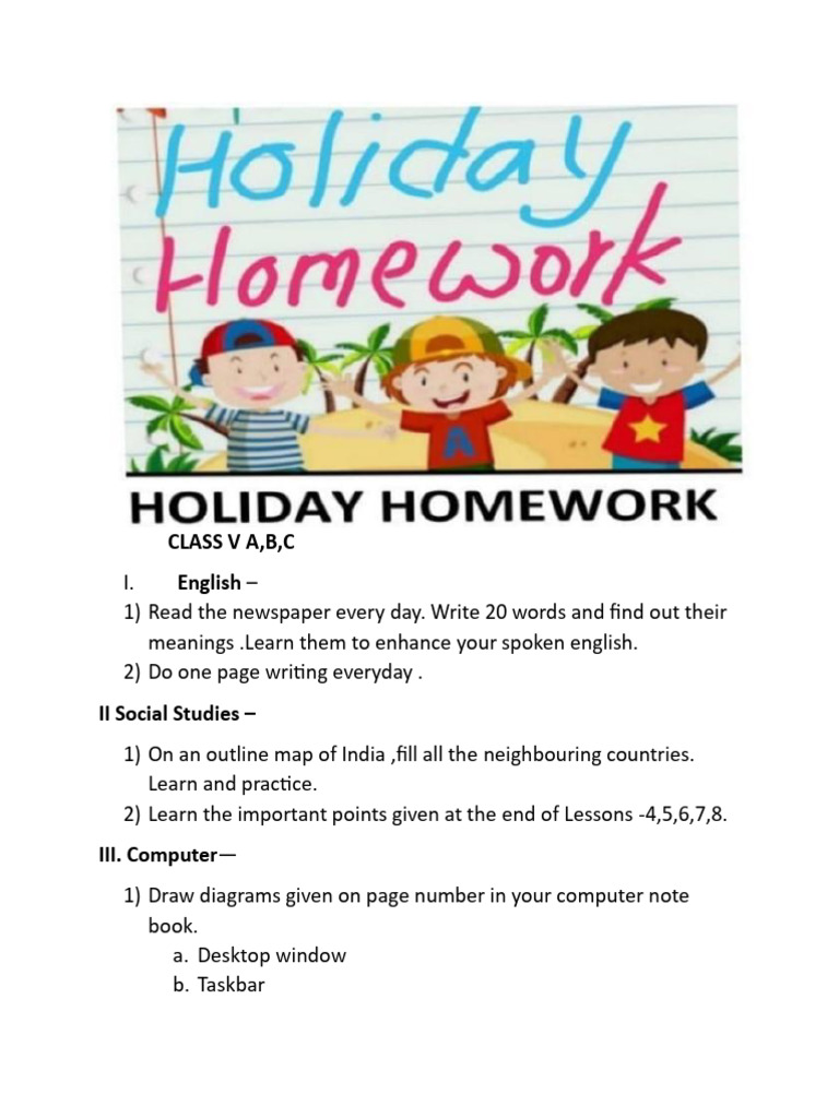 Holiday Homework Class V | PDF