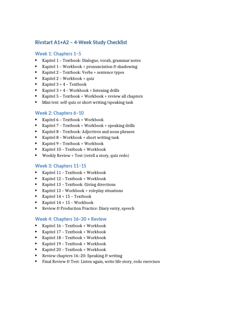 Rivstart A1+A2 4-Week Study Plan | PDF