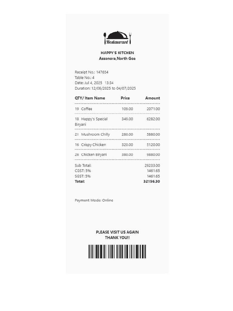 Food Bill 12062025 To 04072025 | PDF