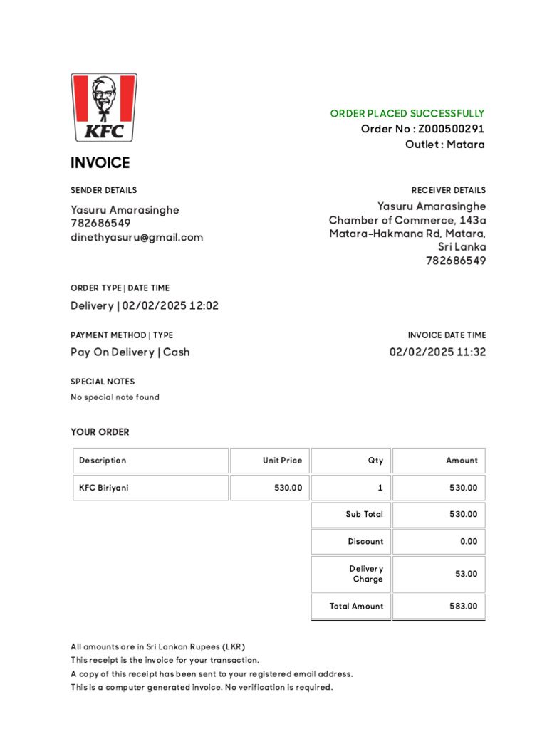 Z000500291 - Your Order Invoice - KFC - Sri Lanka | PDF