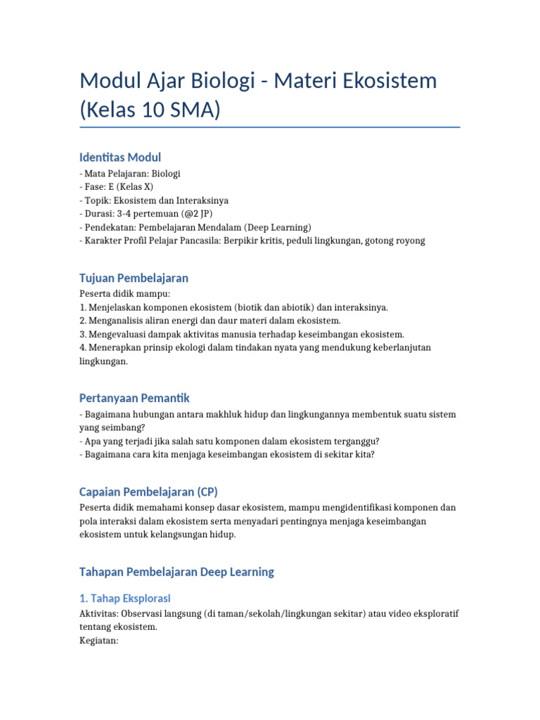 Modul Ajar Biologi Ekosistem Kelas 10 | PDF