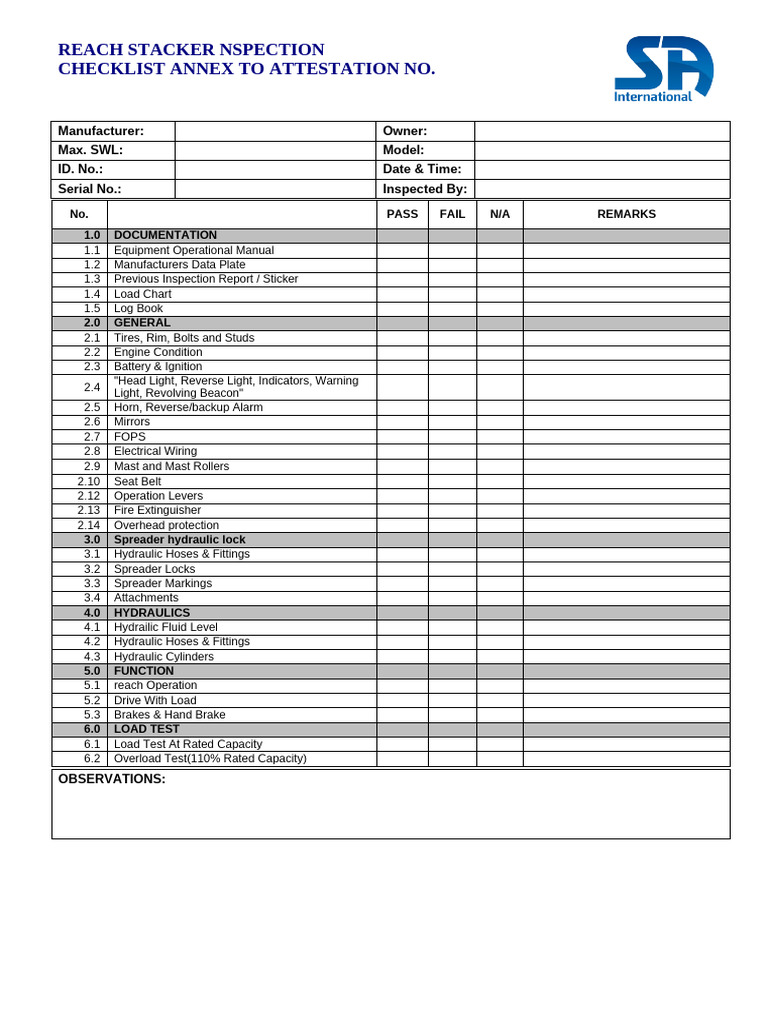 Reach Stacker Inspection Checklist | PDF