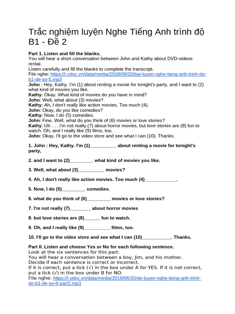 Trắc Nghiệm Luyện Nghe Tiếng Anh Trình Độ B1 - Đề 2 | PDF