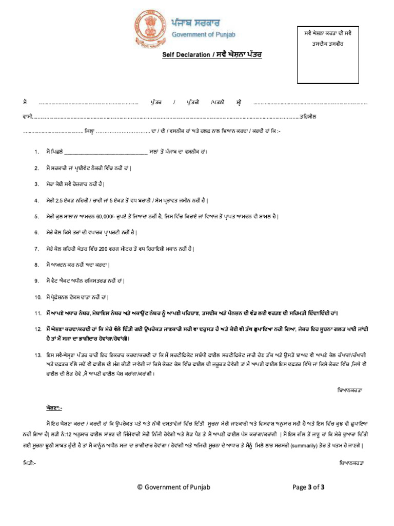 Punjab Dependent Children Pension Scheme Self Declaration Form | PDF
