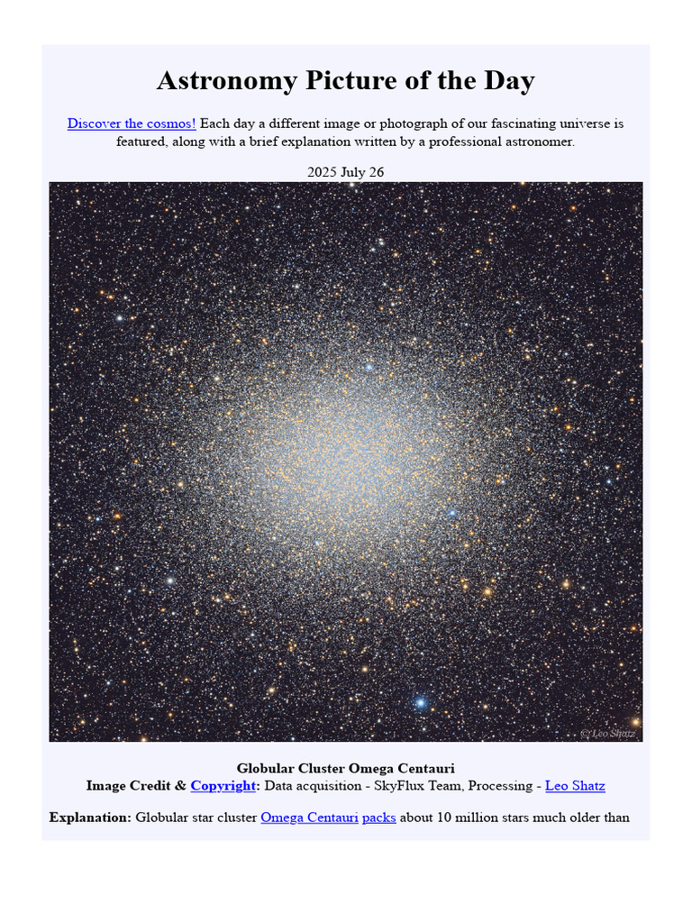 APOD - 2025 July 26 - Globular Cluster Omega Centauri | PDF