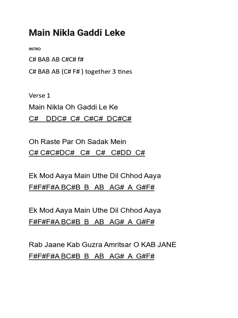 Main Nikla Gaddi Leke Lyrics | PDF