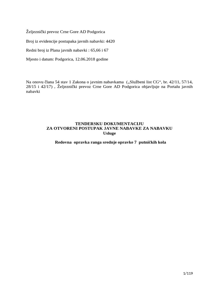 Pref - Tender - Tenderska Dokumentacija Opravka 7 Putni Kih Kola | PDF