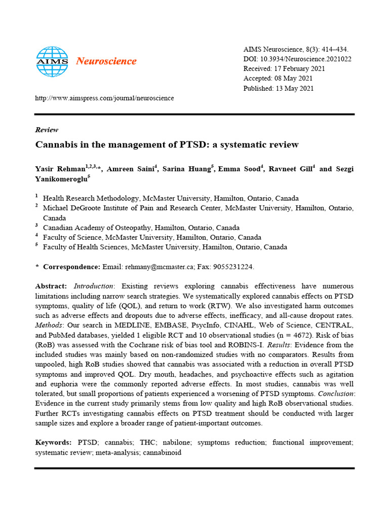 Cannabis in The Management of PTSD - A Systematic Review | PDF ...