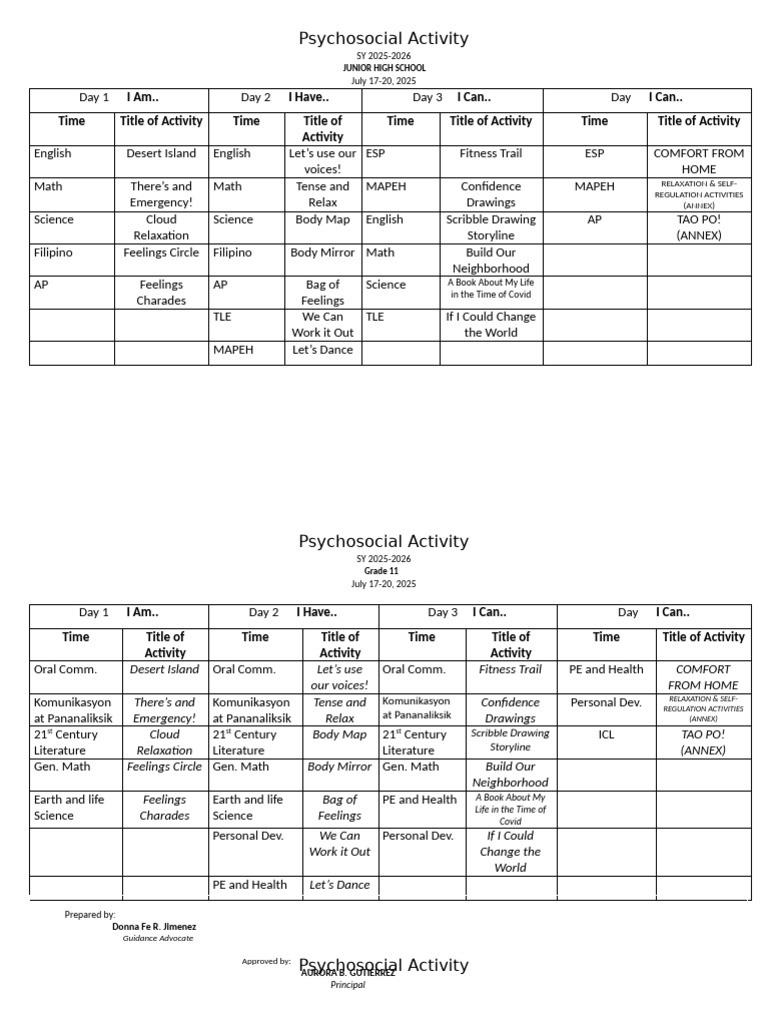 Psychosocial Activities for SY 2025-2026 | PDF | Cognition | Science