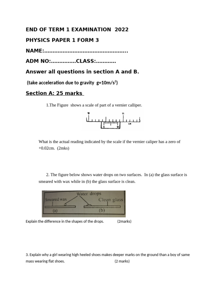 Form Three Phy End of Term One | PDF | Density | Mass