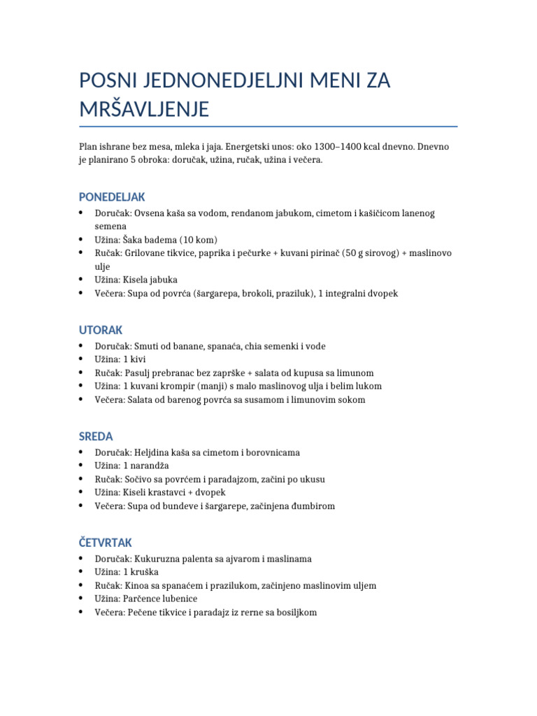 Posni Meni Za Mrsavljenje | PDF