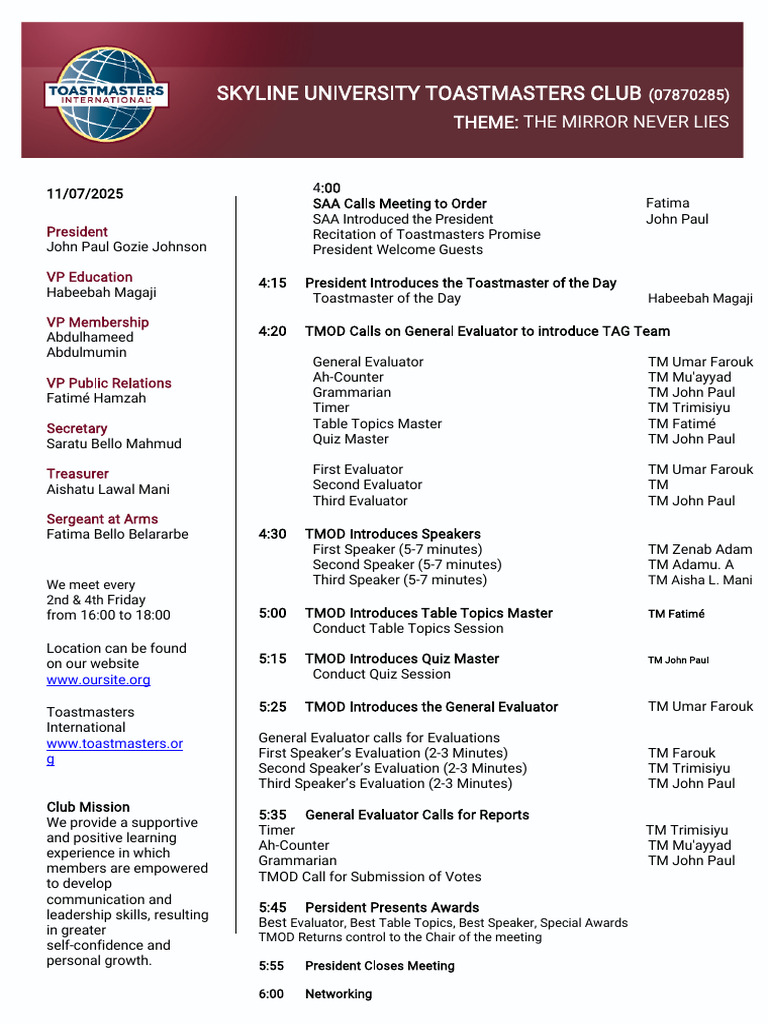 Skyline University Toastmasters Club: Theme | PDF
