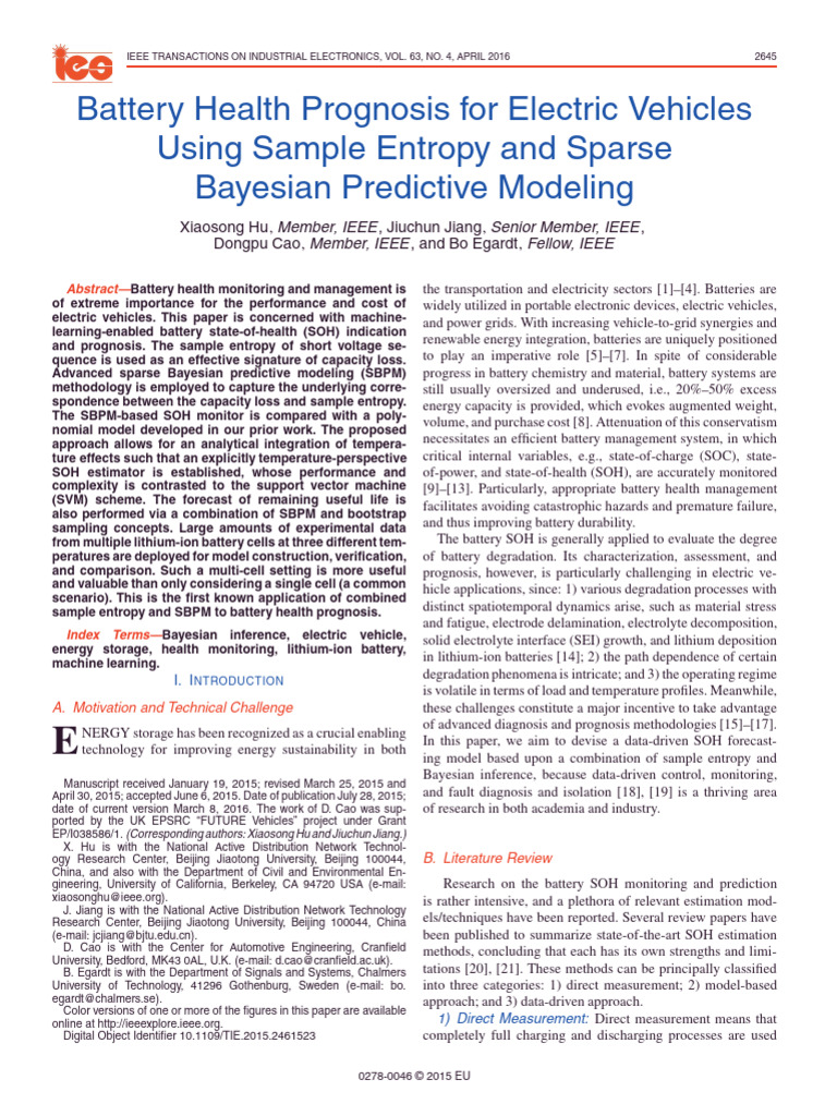 Battery Health Prognosis For Electric Vehicles Using Sample Entropy and Sparse Bayesian ...