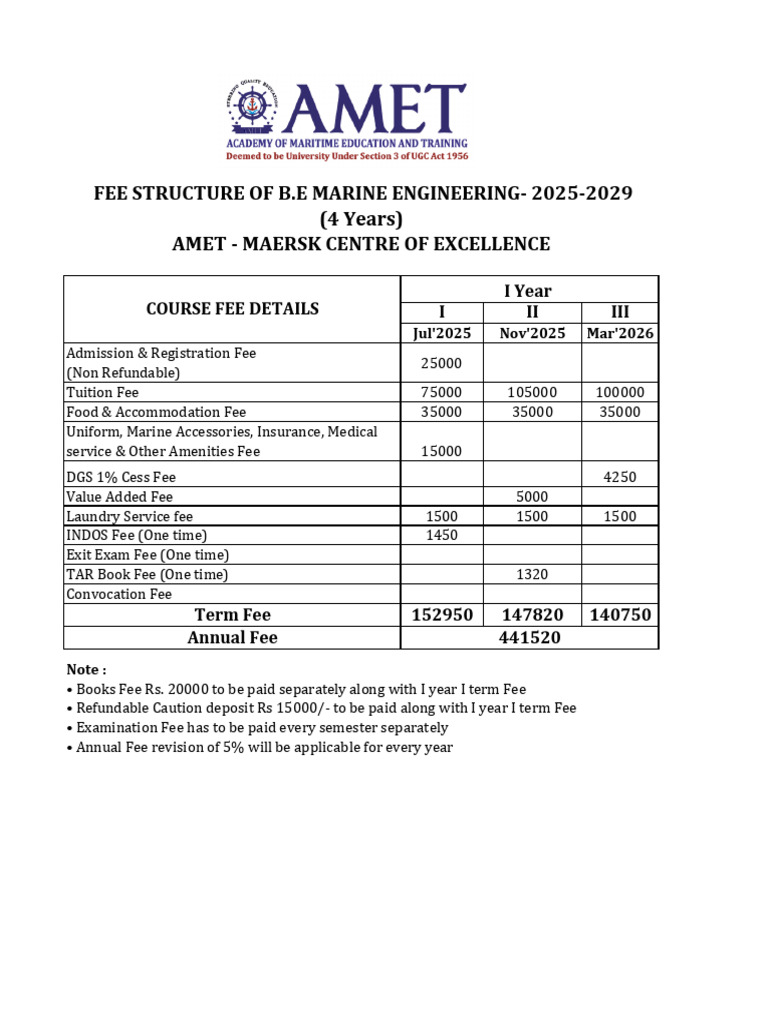 B.E Marine B Fee Structure For Amet IST MCE 2025 | PDF