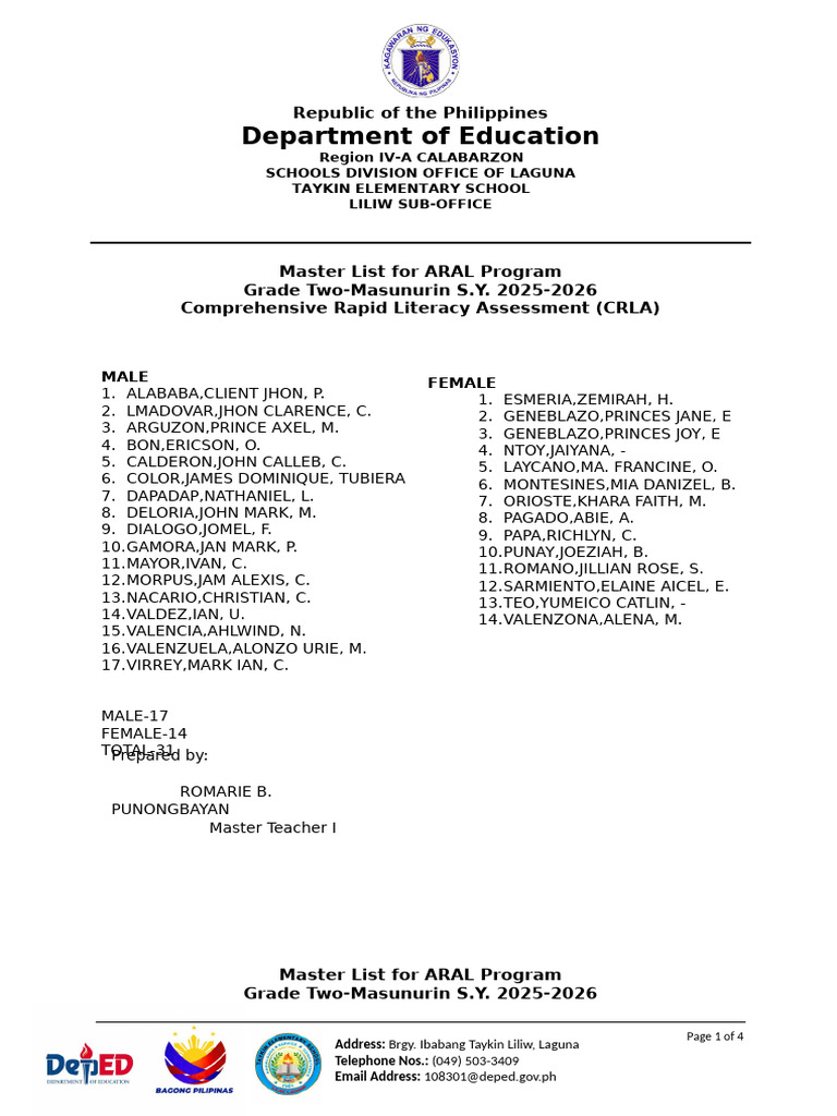 ARAL Program Master List 2025-2026 | PDF | Chess | Chess Theory