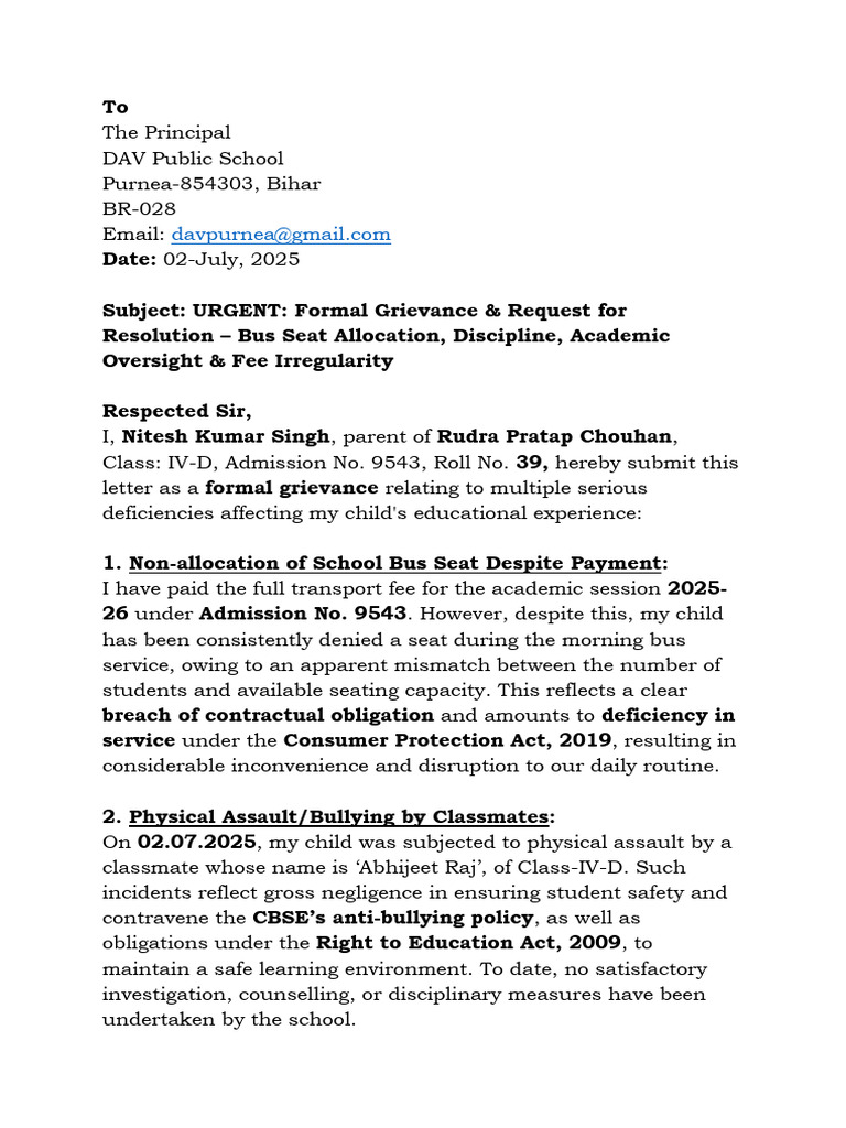 Urgent Formal Grievance & Request For Resolution-Hindi | PDF