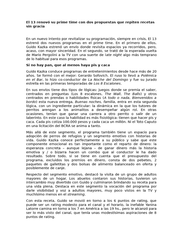 Revitalización del prime time en El 13 | PDF | Programas de televisión ...