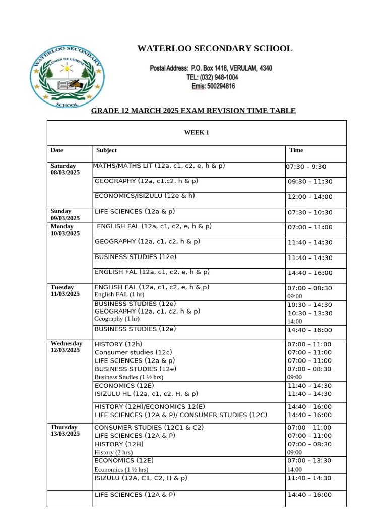 GRD 12 Term 1 Exam Revision Timetable 2025-1 | PDF