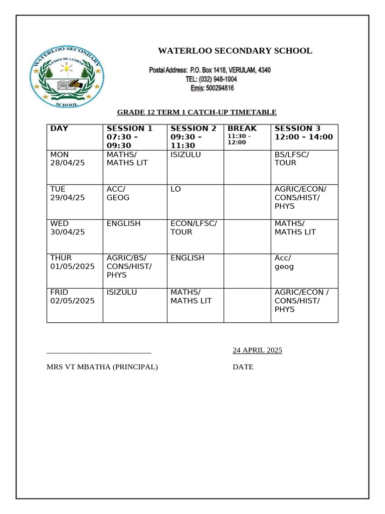Catch-Up Timetable Term 1 - 2025 Grade 12 | PDF