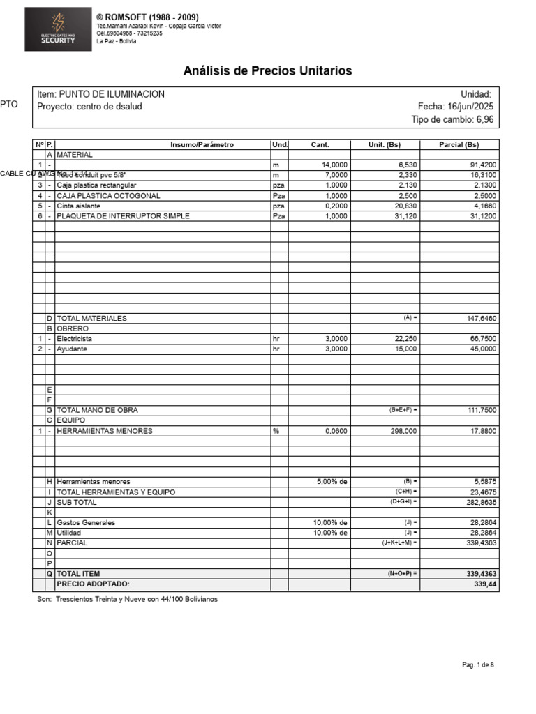 Análisis de Precios Unitarios en Electricidad | PDF