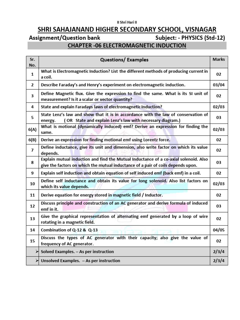 Physics Ch.-6 Assignment (Electromagnetic Induction) | PDF | Electromagnetic Induction | Inductance