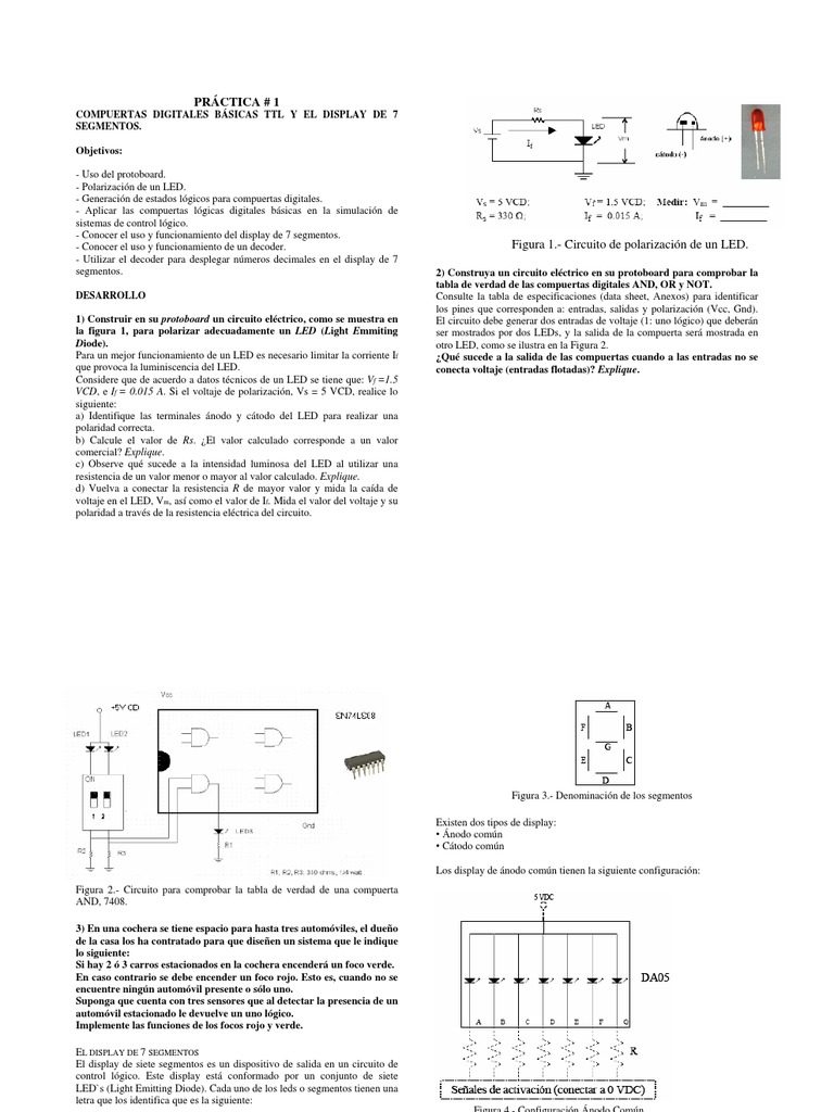 Práctica de compuertas digitales, display 7 segmentos y decoder | PDF | Diodo emisor de luz ...