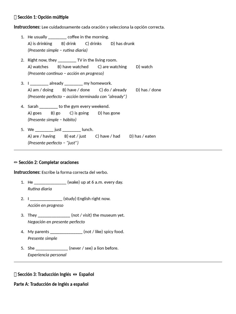 Ejercicios de Presente Perfecto y Continuo | PDF | Lingüística