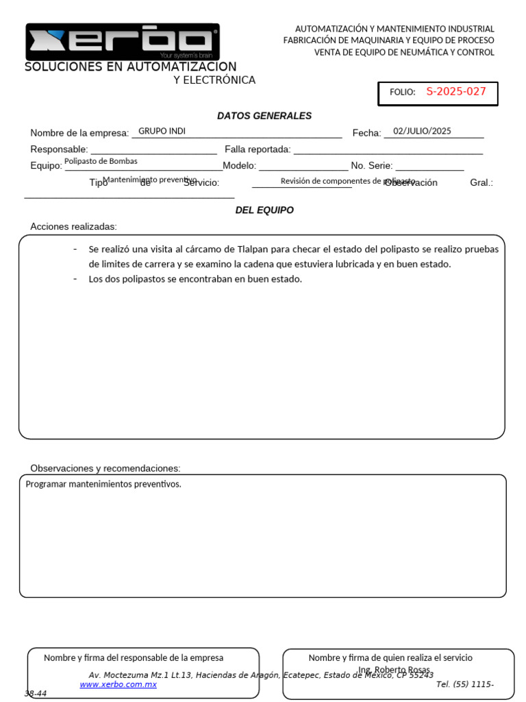 S-2025-027-GRUPO INDI-- - Revisión de Polipastos en Tlalpan | PDF