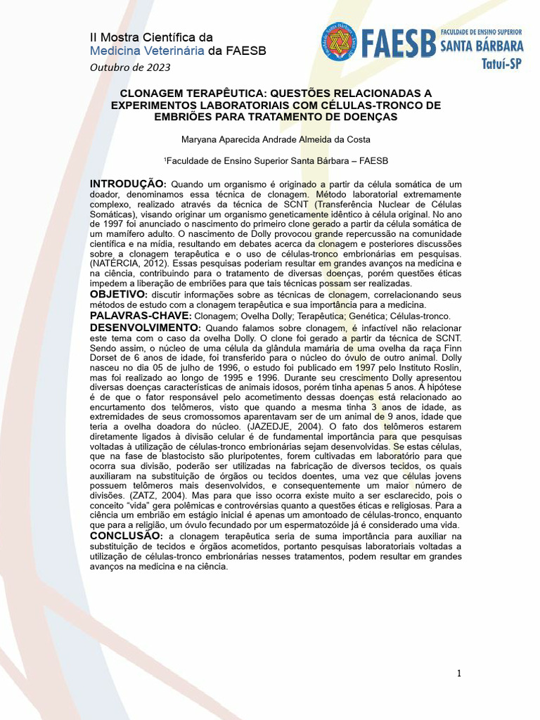 Resumo - MostraVET - 2023 - Clonagem Terapêutica | PDF | Clonagem ...