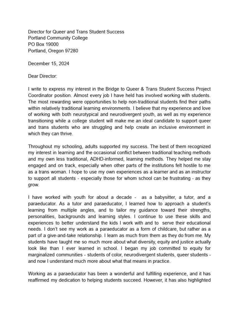 PCC Trans Success Letter | PDF | Learning | Transgender