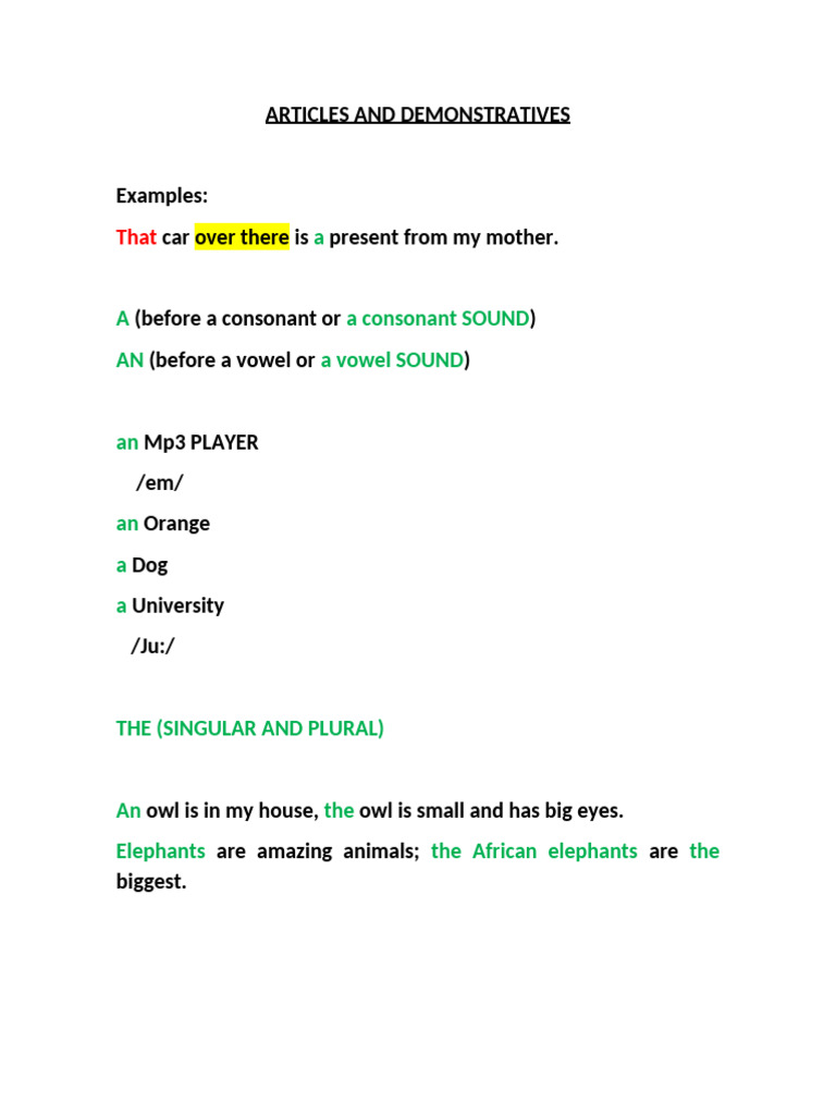 Articles and Demonstratives | PDF