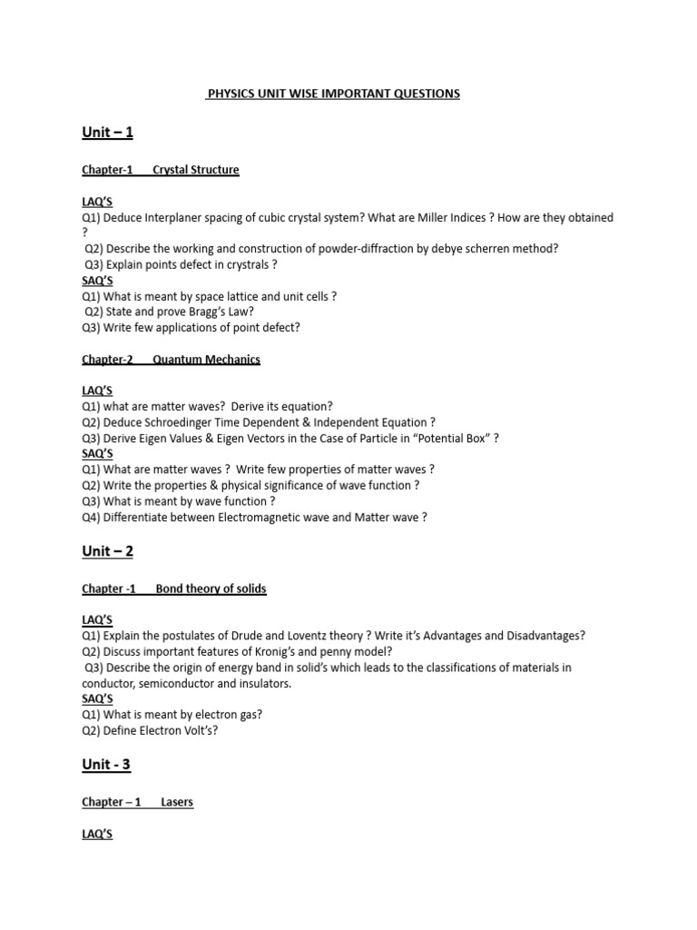 Physics Unit Wise Important Questions | PDF | Waves | Dielectric