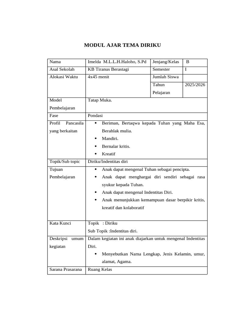 Modul Ajar Tema Diriku by Imelda Haloho | PDF