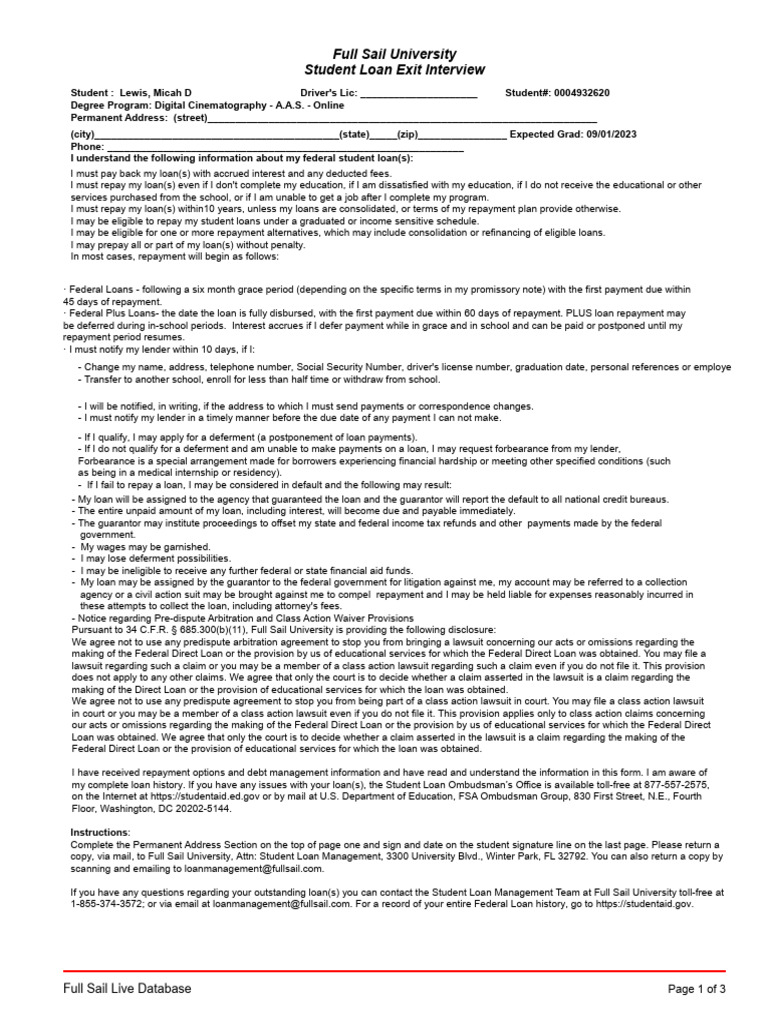 Lewis, Micah D 0004932620 Exit Interview | PDF | Loans | Student Loan