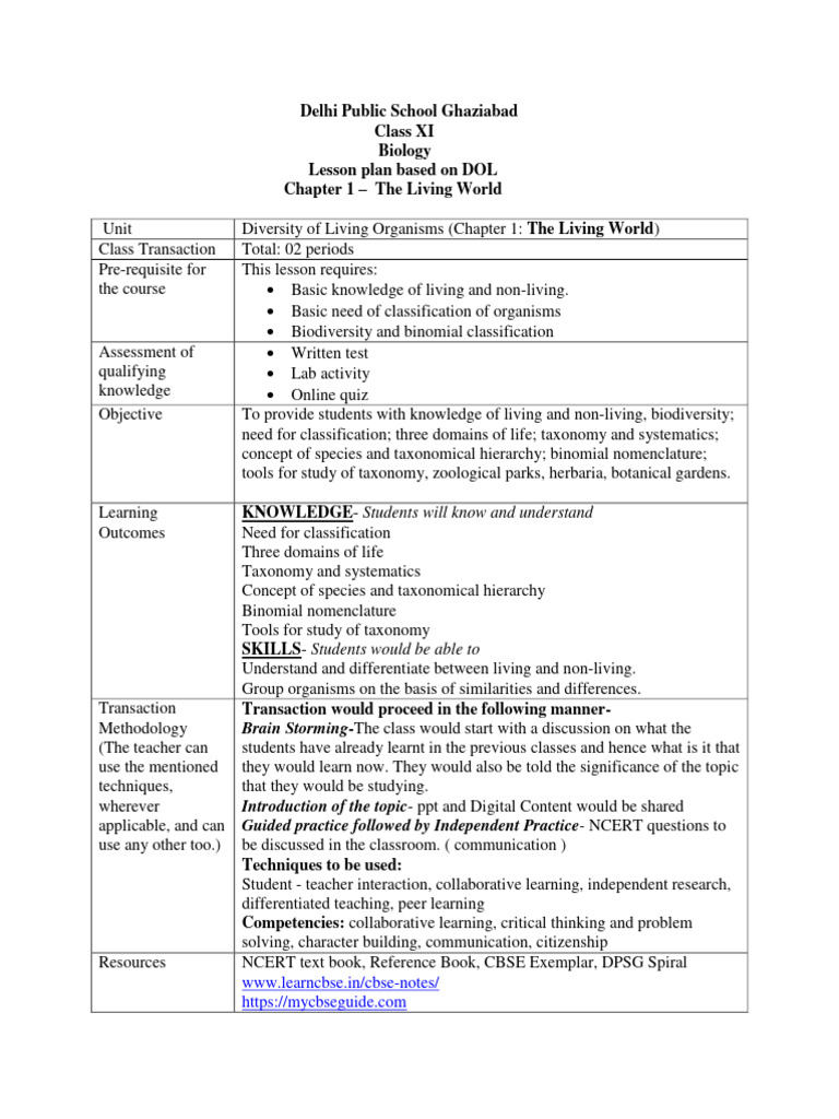 Biology Lesson Plan: The Living World | PDF | Taxonomy (Biology) | Learning