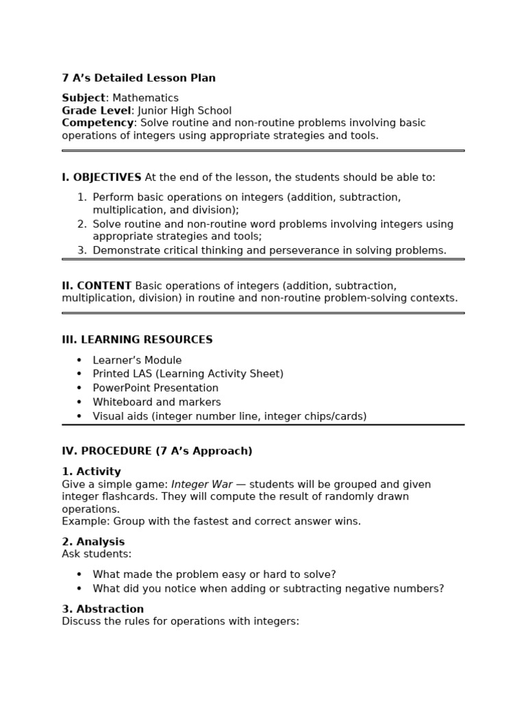 Integers Lesson Plan Las | PDF