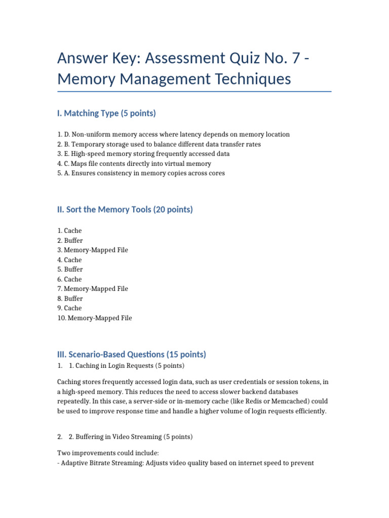 Answer Key Memory Management Techniques | PDF | Cache (Computing) | Computer Data