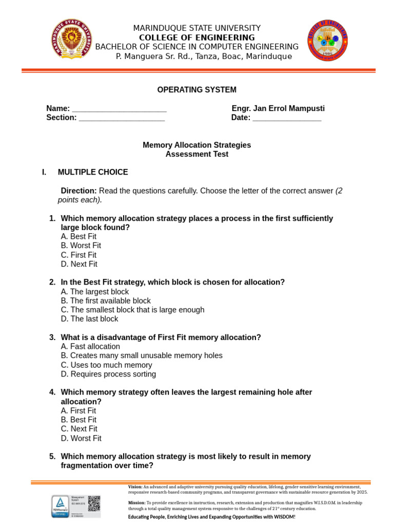Operating System Assessment Memory Allocation Strategies | PDF | Computer Engineering | Computing