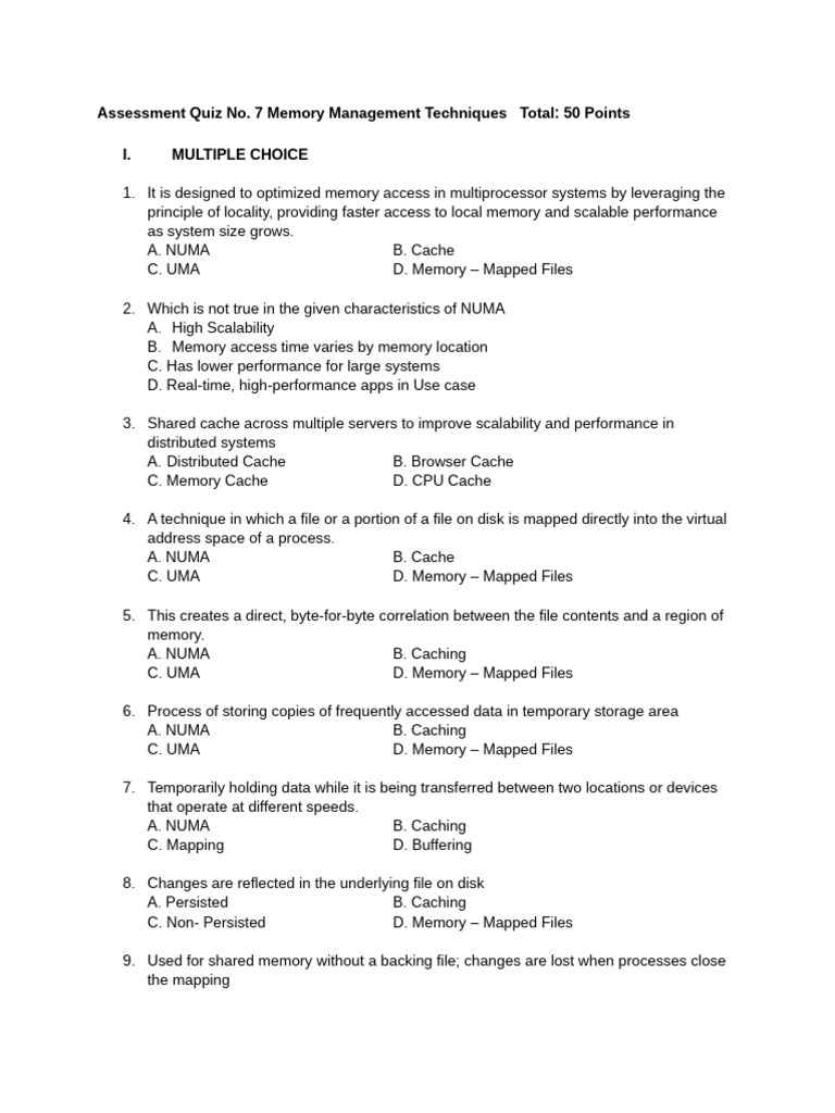 Assessment 8 in Memory Management Techniques | PDF | Cache (Computing) | Computer Data Storage