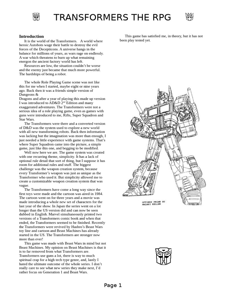 Transformers RPG: Character Creation Guide | PDF