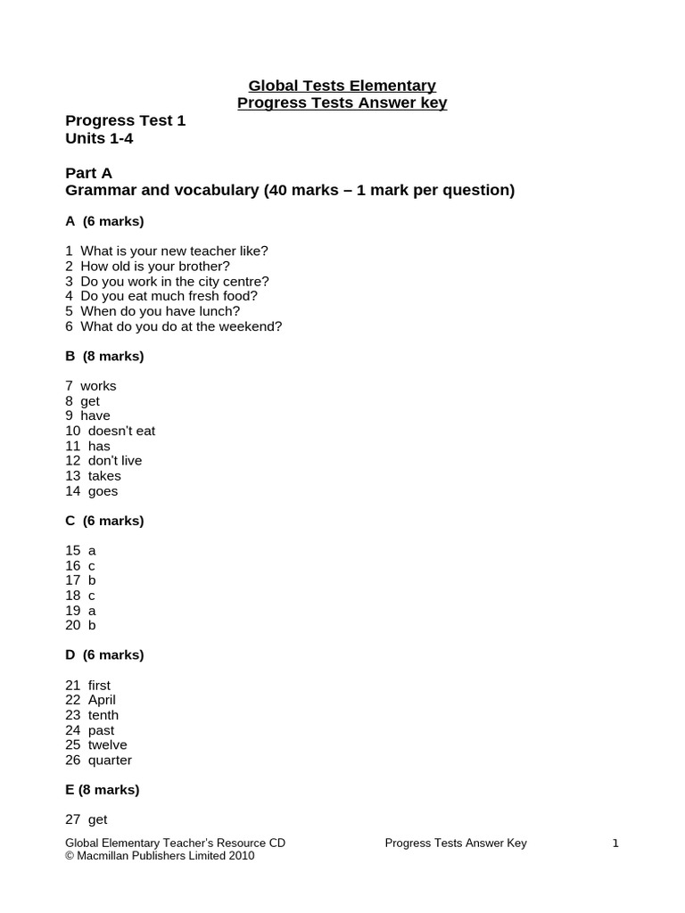 Global Tests Elementary Answer Key | PDF