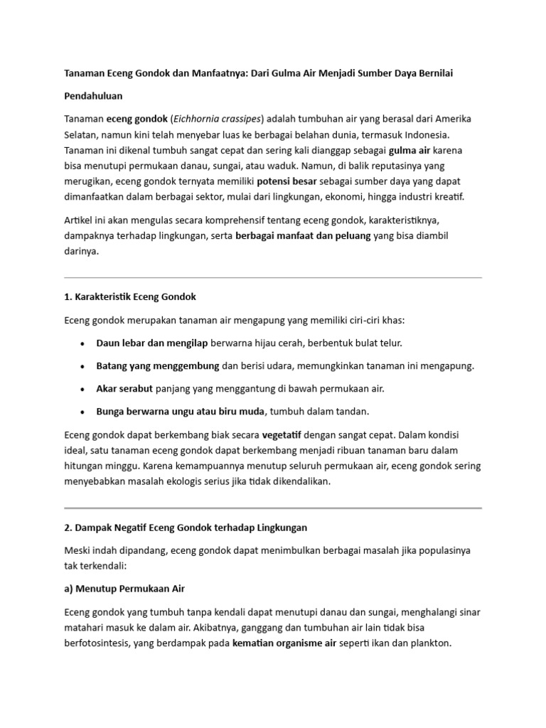 Tanaman Eceng Gondok Dan Manfaatnya | PDF