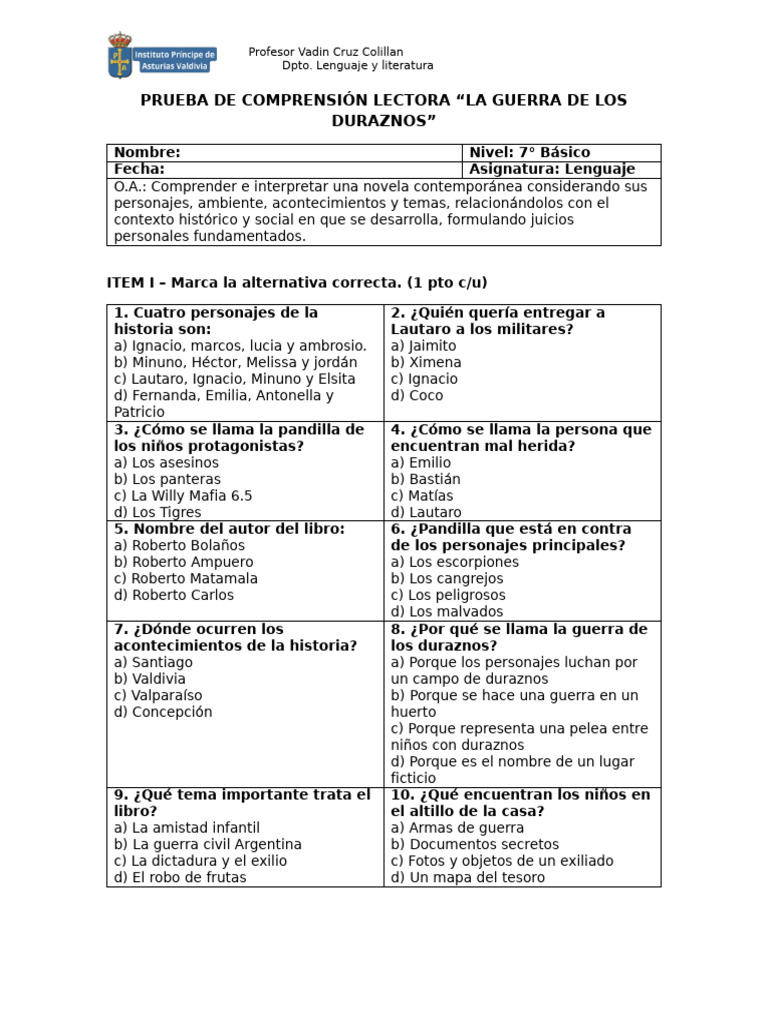 Prueba de Comprensión: La Guerra de los Duraznos | PDF