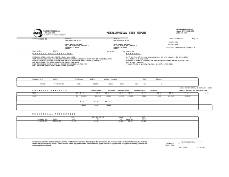 Metallurgical Test Report for 316L Steel | PDF | Building Materials ...