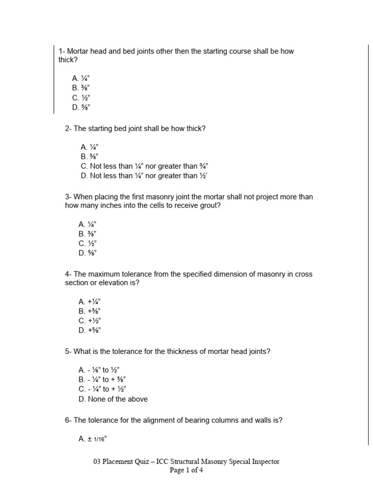 ICC Structural Masonry Inspector Quiz | PDF | Masonry | Civil Engineering