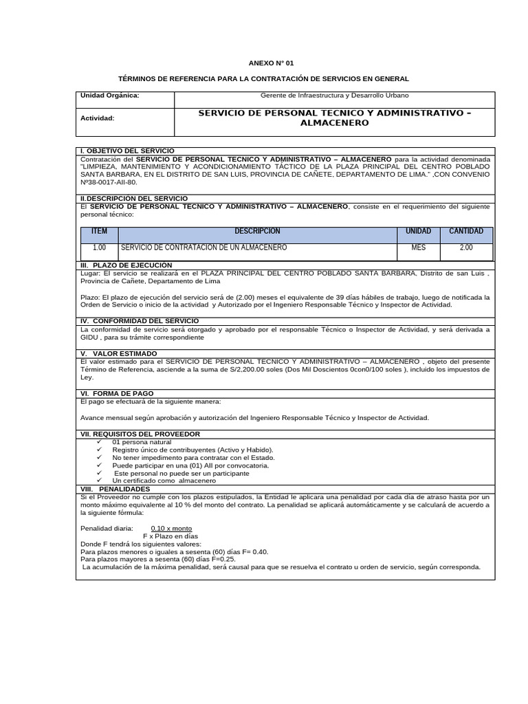 Anexo 01 - TDR - Almacenero | PDF